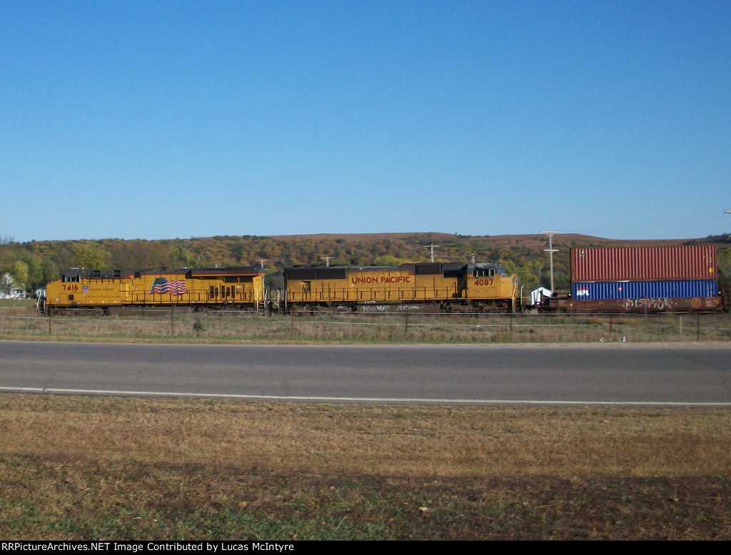UP 7416 DPU on westbound UP intermodal train
